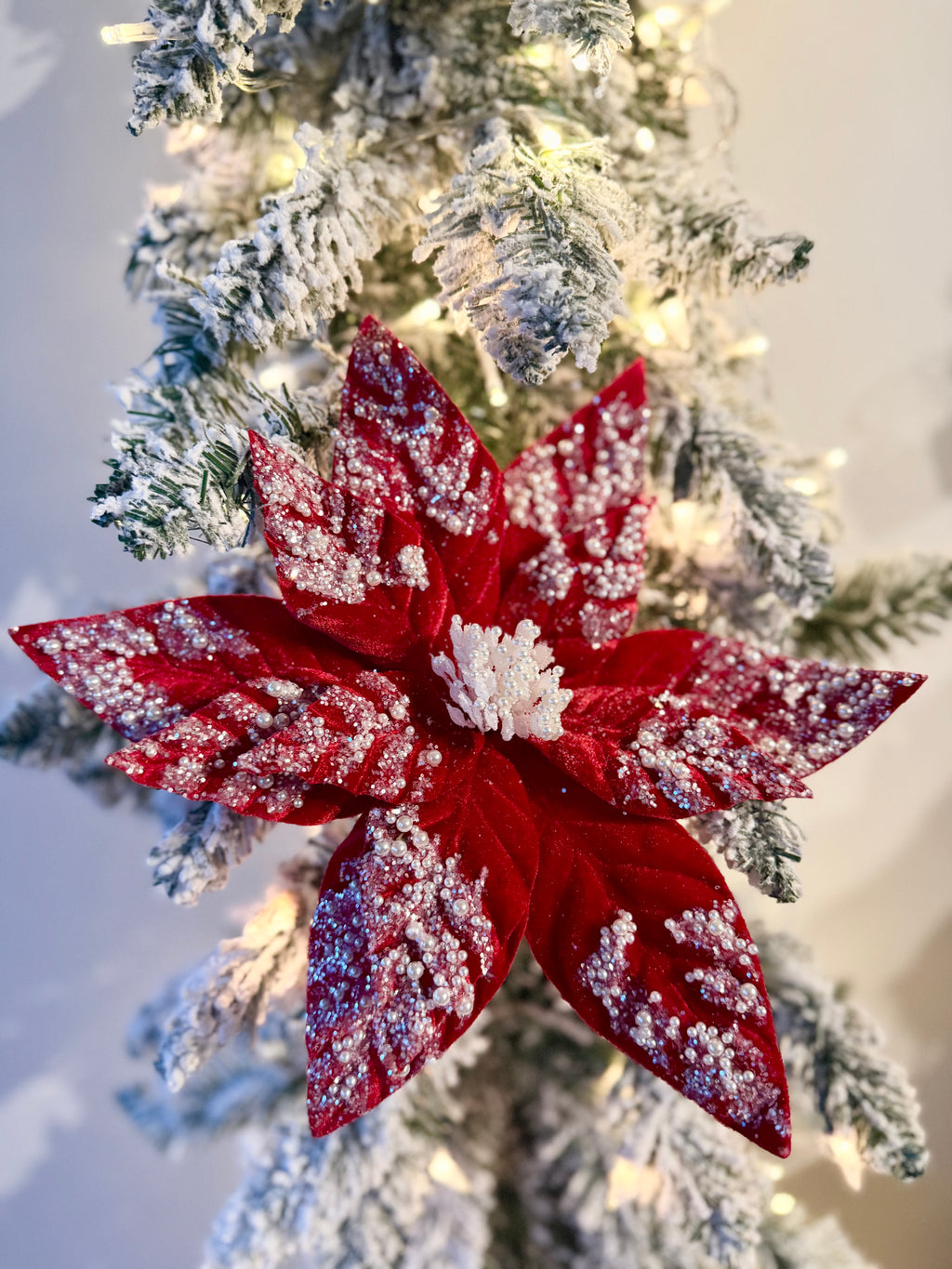 Large Red Beaded Christmas Poinsettia Stem - Holliday Decor ...