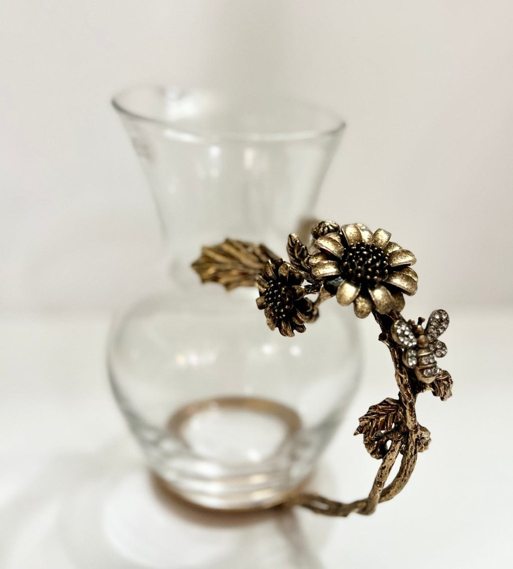 Glass Pitcher With Antique Gold Metal Handle Flowers & Bumble Bee By D ...