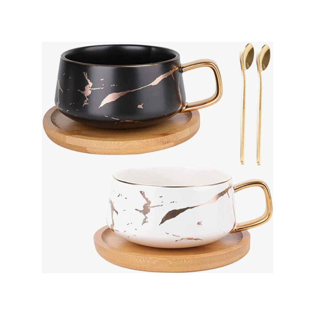 Ceramic Marble Cup with Stainless Steel Spoon & Wooden Saucer ...