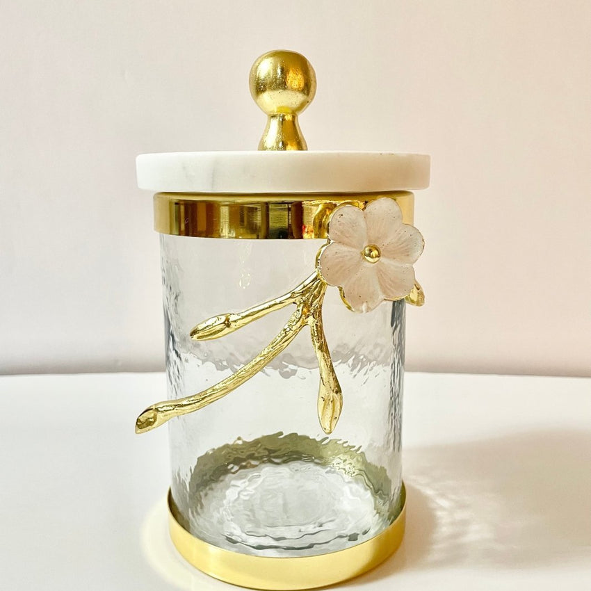 Marble & Gold Hammered Glass Canister With White Cherry Blossom Flower ...