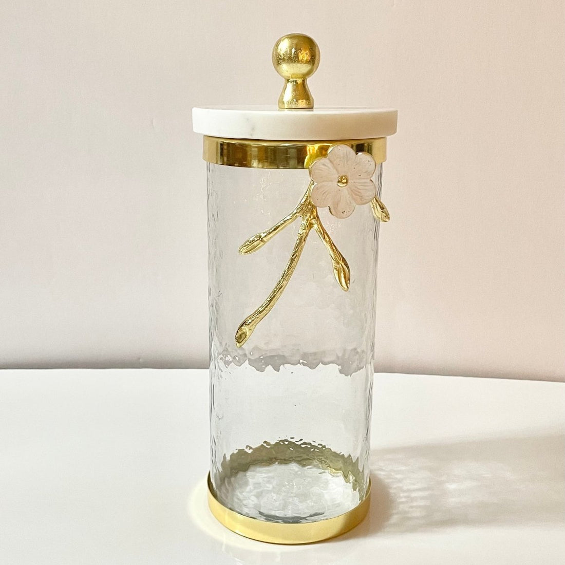 Marble & Gold Hammered Glass Canister With White Cherry Blossom Flower ...