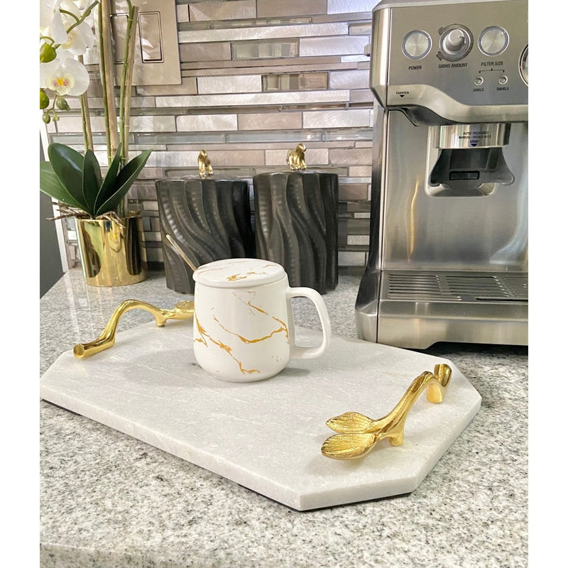 White Marble Serving Tray with Gold Metal Handles – DesignedBy The Boss