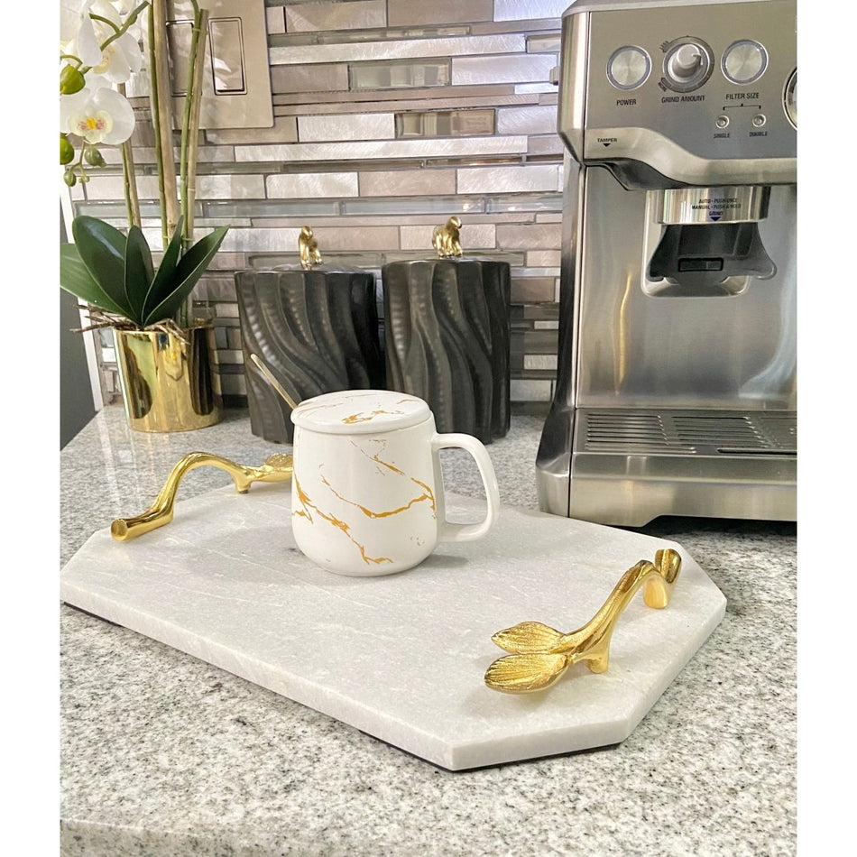 White Marble Serving Tray with Gold Metal Handles – DesignedBy The Boss