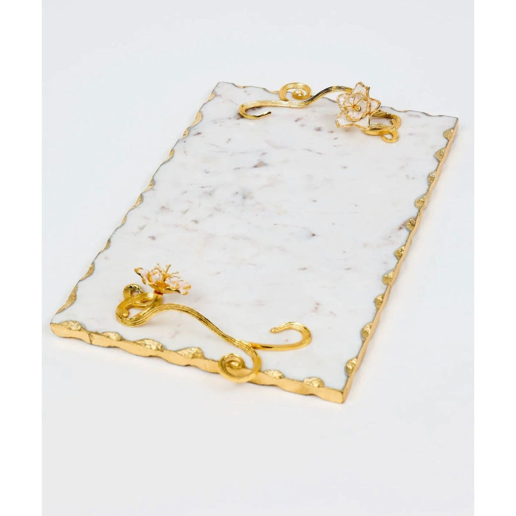 White Rectangular Large Marble Serving Tray with Gold Metal Handles ...